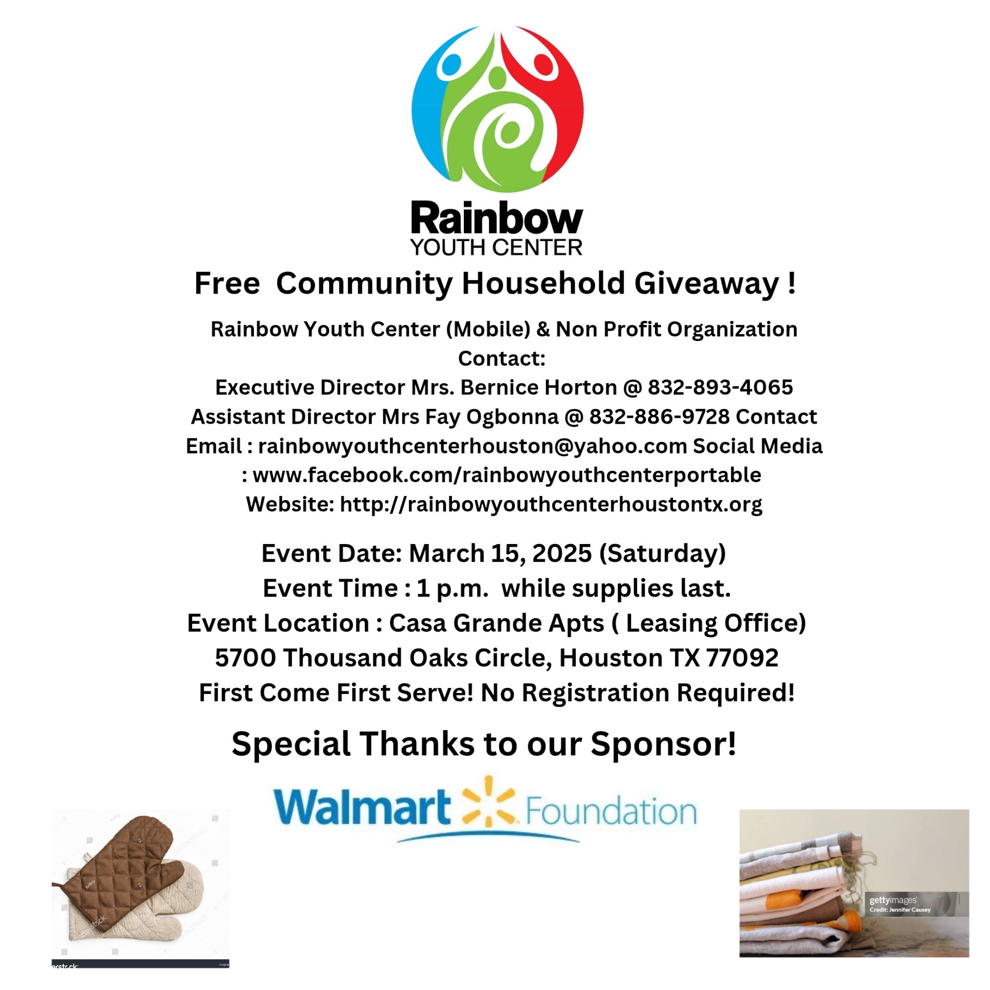 Free Household Community Giveaway ! – Rainbow Youth Center (Houston, Tx)